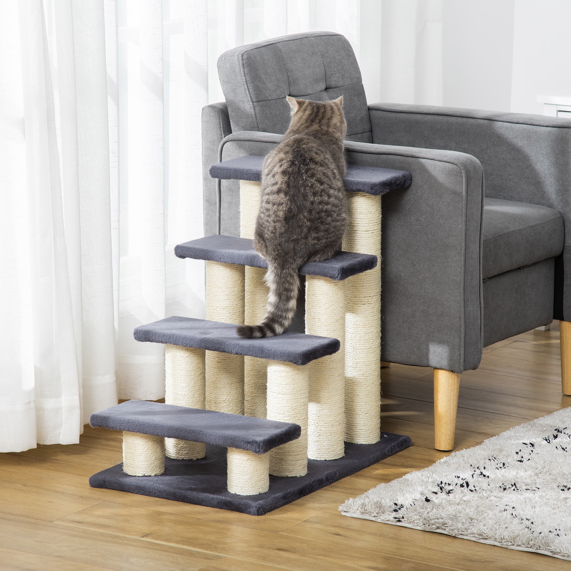 PawHut Cat Tree with 4 Stair Steps for High Beds w/ Sisal Scratching ...