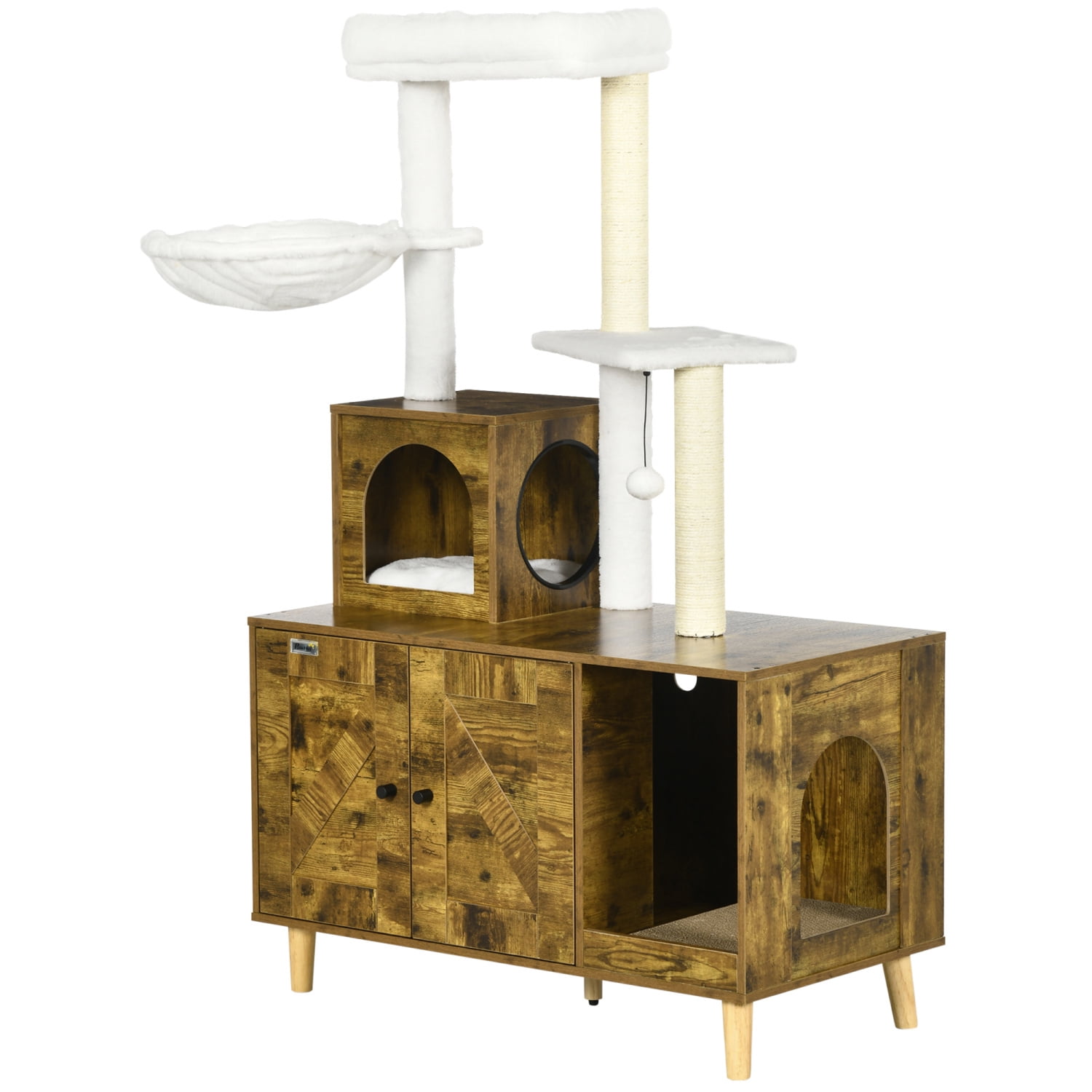 PawHut Cat Tree with Litter Box Enclosure Hammock Tower Condo ...