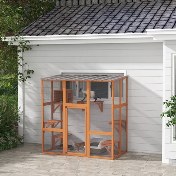 PawHut Outdoor Catio Cat House, Wooden Enclosure with Door, Bridge and ...