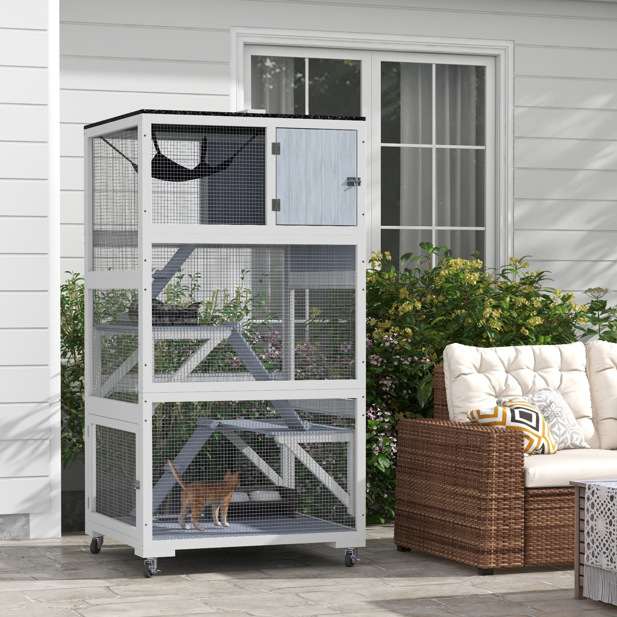 PawHut Catio, Outdoor Cat Enclosure House, Wooden Feral Cat Shelter on ...