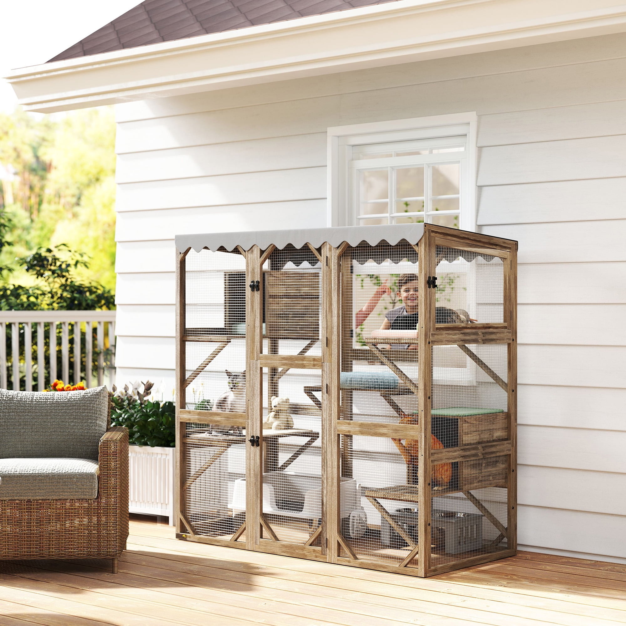 PawHut Catio Outdoor Cat Enclosure, Wooden Cat House with Window Access ...