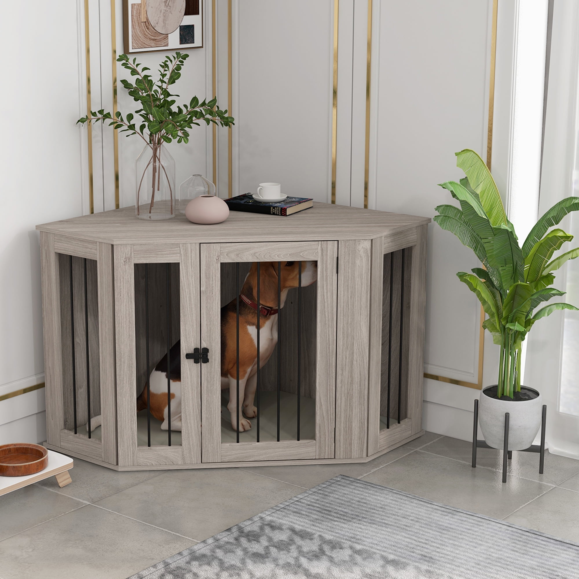 PawHut Corner Dog Crate Furniture for L-Sized Dog Indoor Use, Walnut ...
