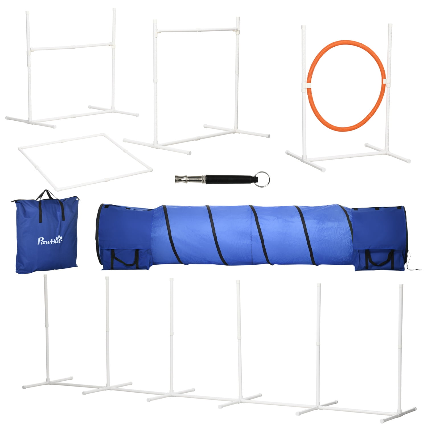 PawHut Dog Agility Training Set - 9.8‘ Tunnel Whistle Jumps Weave Poles ...