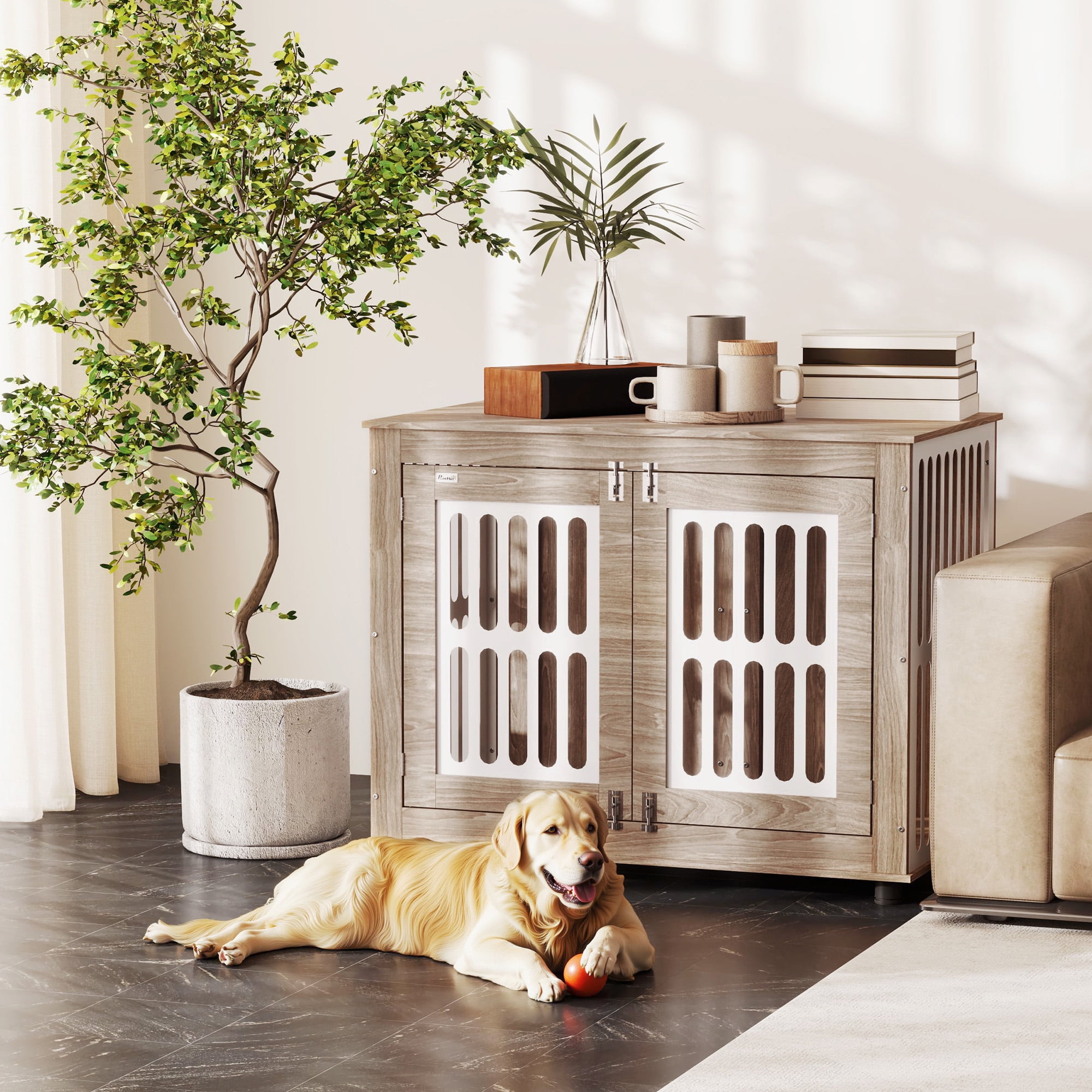 PawHut Dog Crate Furniture, 39" Dog Kennel Side Table with 2 Doors ...