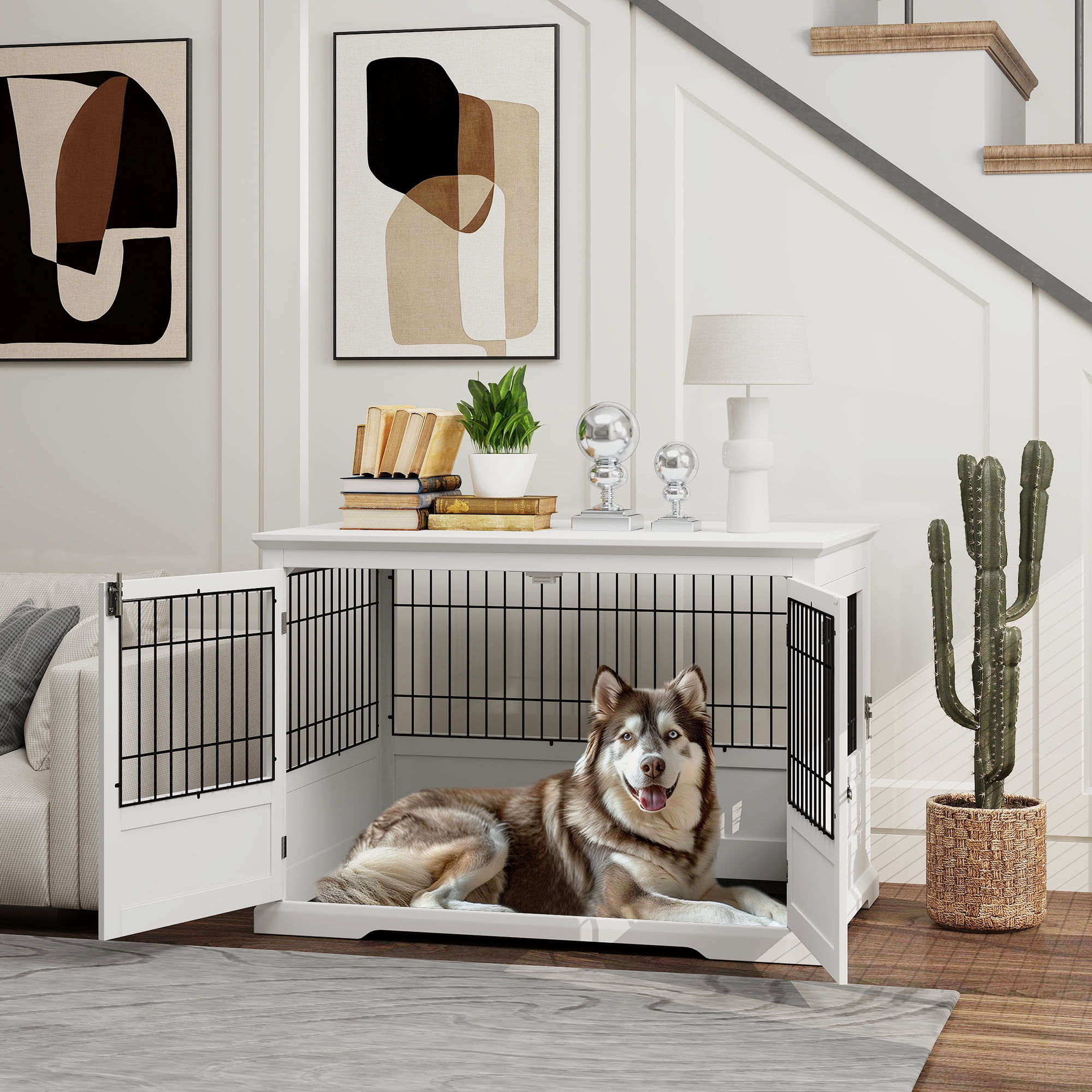 PawHut Dog Crate Furniture, 43" Dog Kennel End Table with 3 Doors ...
