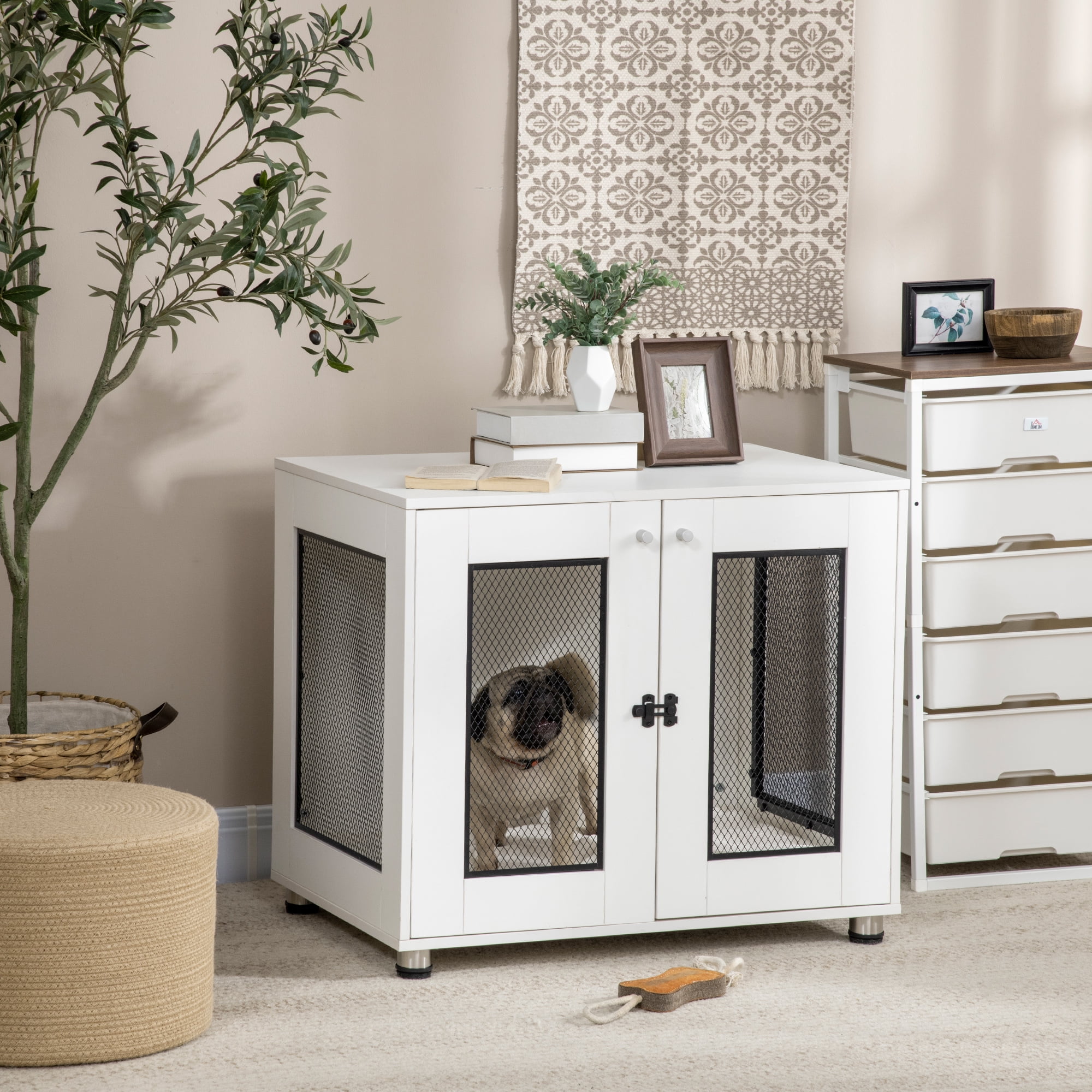 PawHut Indoor Dog Crate End Table with Double Doors, Water-resistant ...