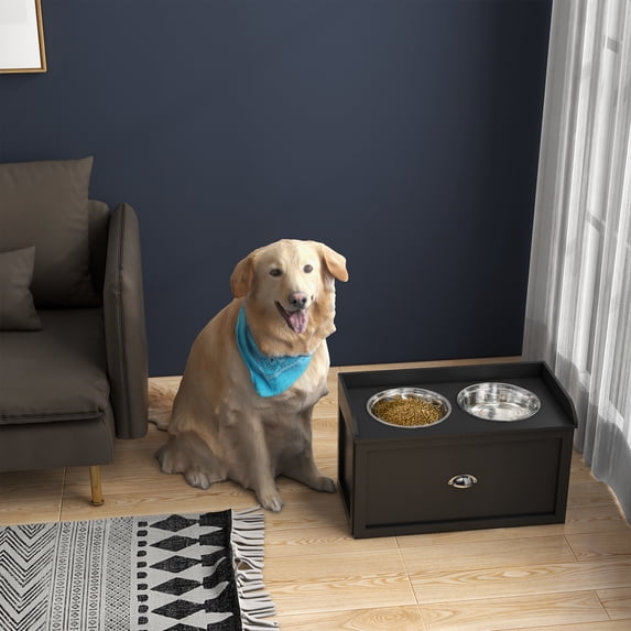 PawHut Dog Feeding Station w/ Storage Drawer, 2 Elevated Dog Bowls ...