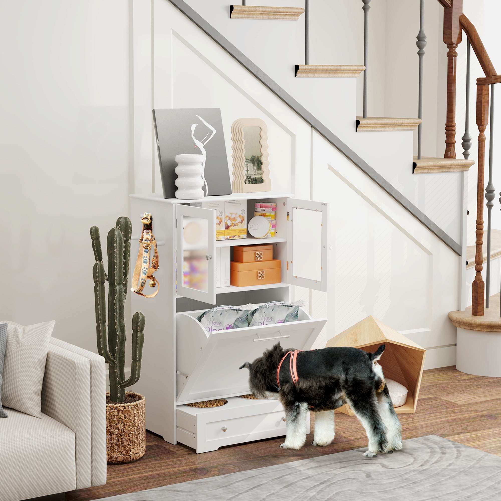 PawHut Dog Feeding Station with 2 Storage Cabinets, Pet Feeding Station ...