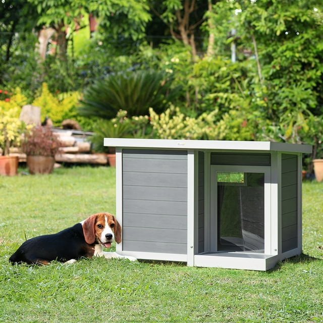 PawHut Outdoor Dog House with Terrace, Weather-Resistant, Openable Top ...