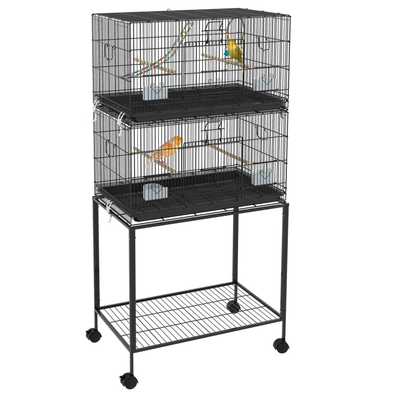 PawHut Double Stackable Bird Cage with Stand, Wooden Swing, Rope Ladder ...