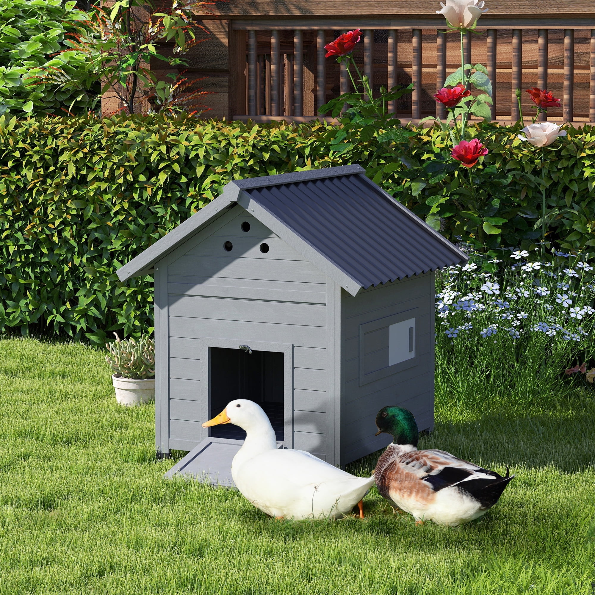 PawHut Duck Coop, Wooden Duck House, Outdoor Small Animal House with ...