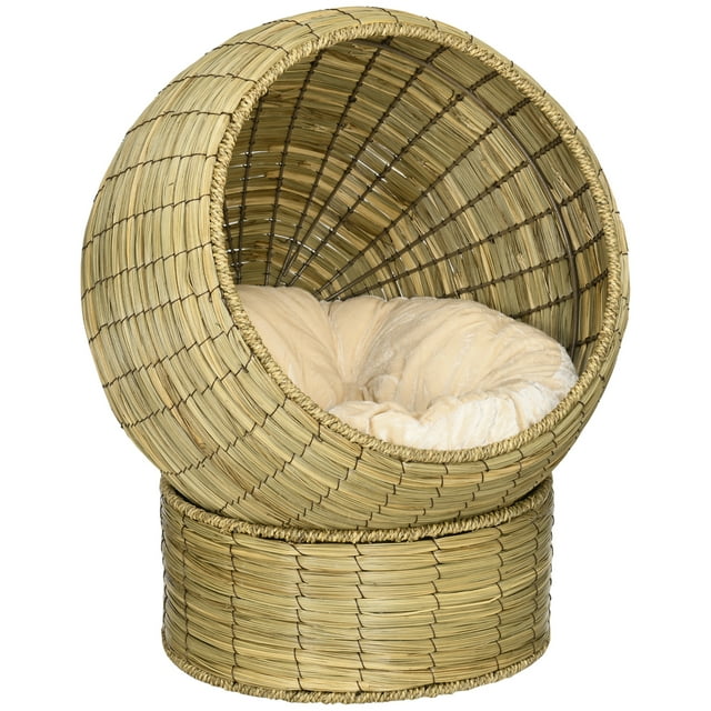 PawHut Elevated Cat Bed W/ Cat Egg Chair Shape, Raised Wicker Cat Bed ...