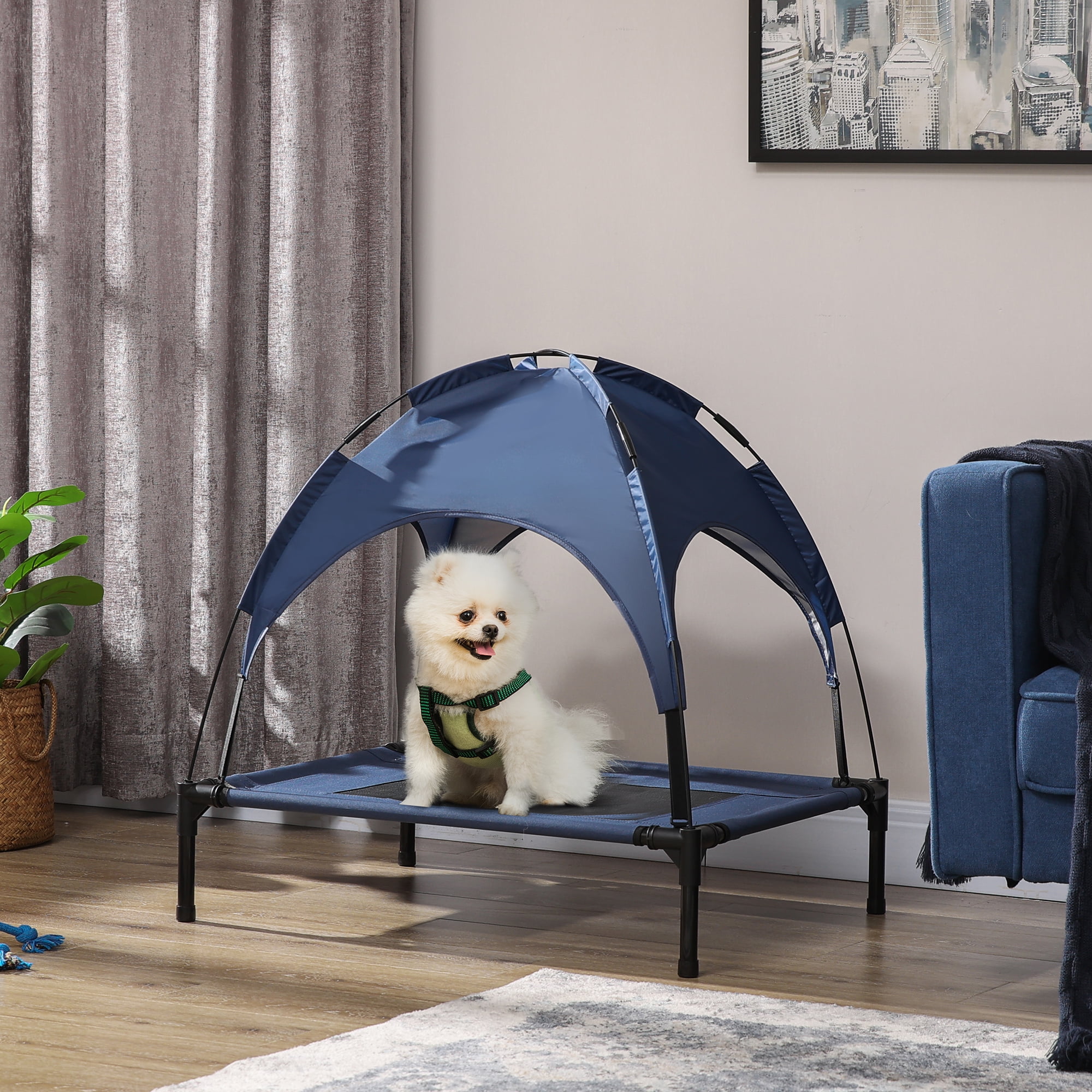 PawHut Elevated Portable Dog Cot Pet Bed with UV Protection Canopy ...