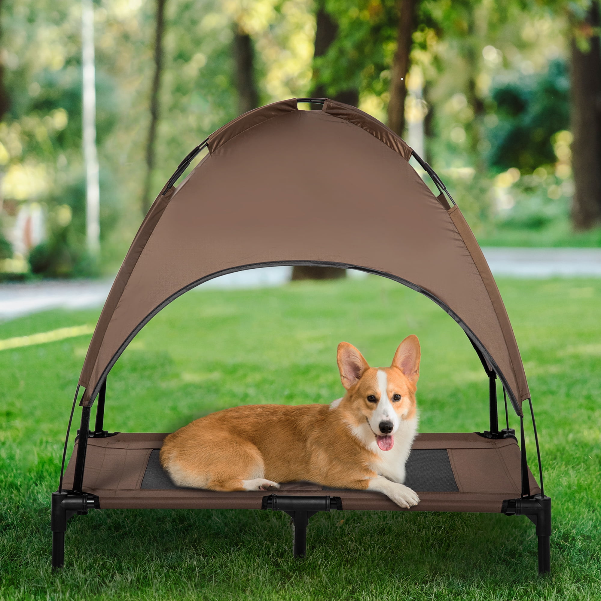 PawHut Elevated Portable Dog Cot Pet Bed with UV Protection Canopy ...