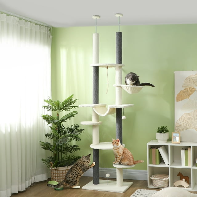 PawHut Floor to Ceiling Cat Tree, Adjustable Height (89"-100"), White ...