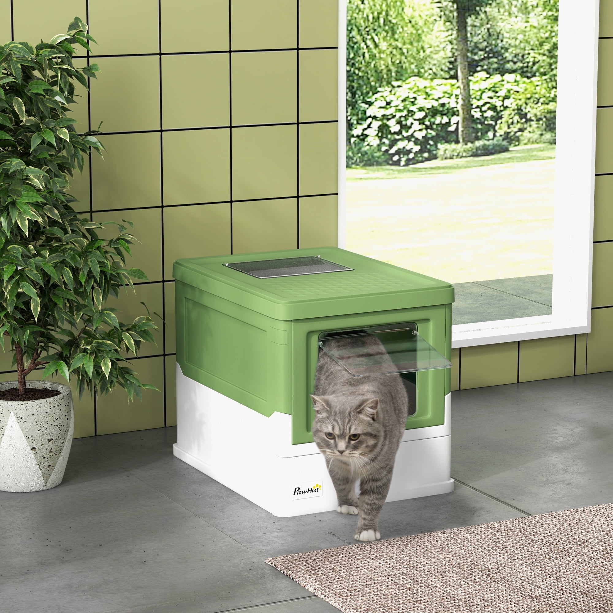 PawHut Fully Enclosed Cat Litter Box, Spacious Design, Double Entry ...