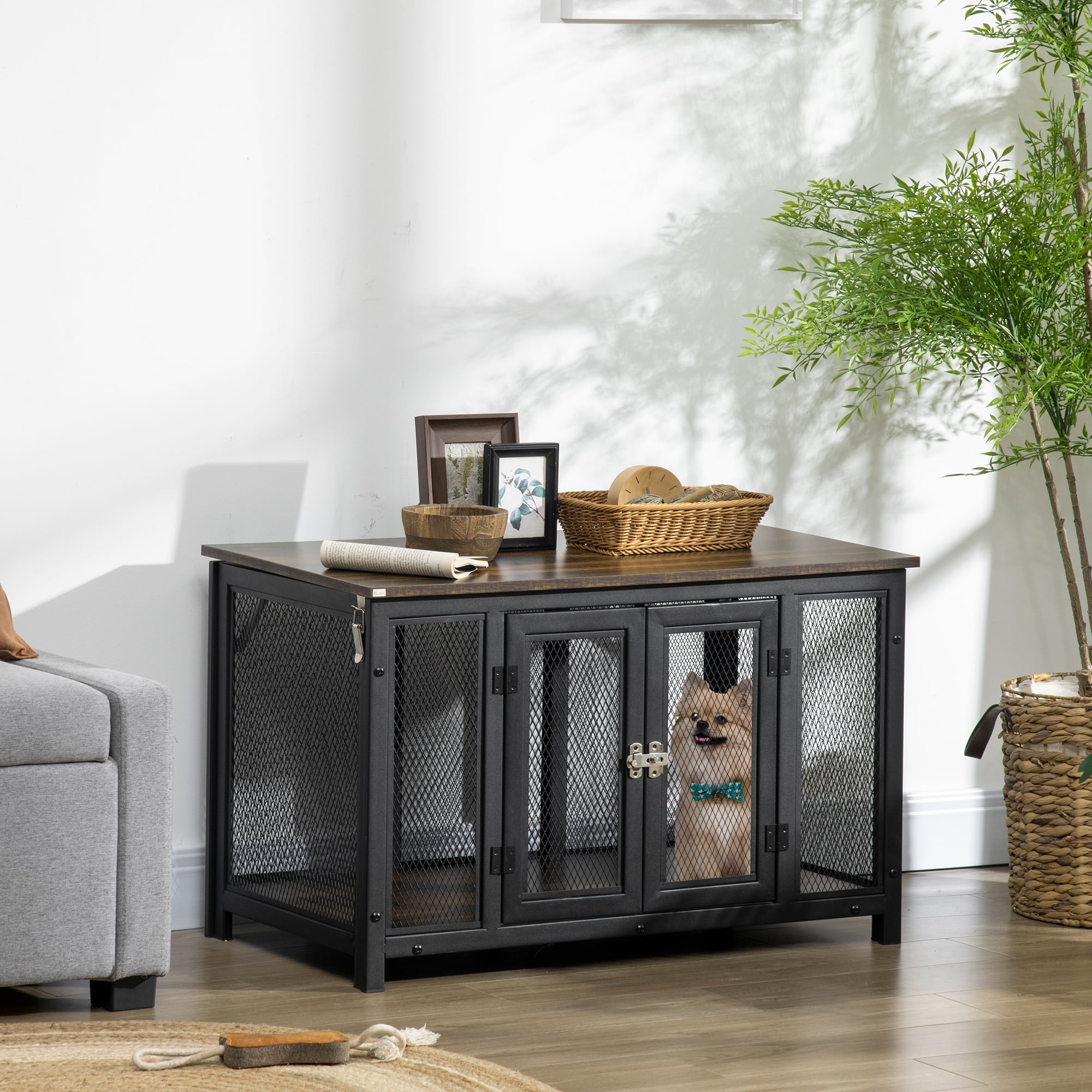 PawHut Large Wooden Dog Crate with Storage, Openable Top, Indoor Pet ...
