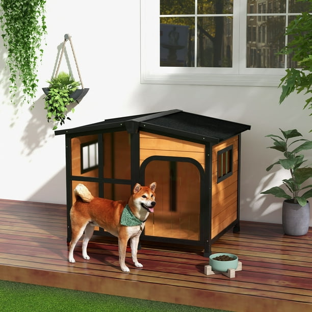 PawHut Giant Window Wooden Dog House for Large Dogs Outdoor & Indoor ...
