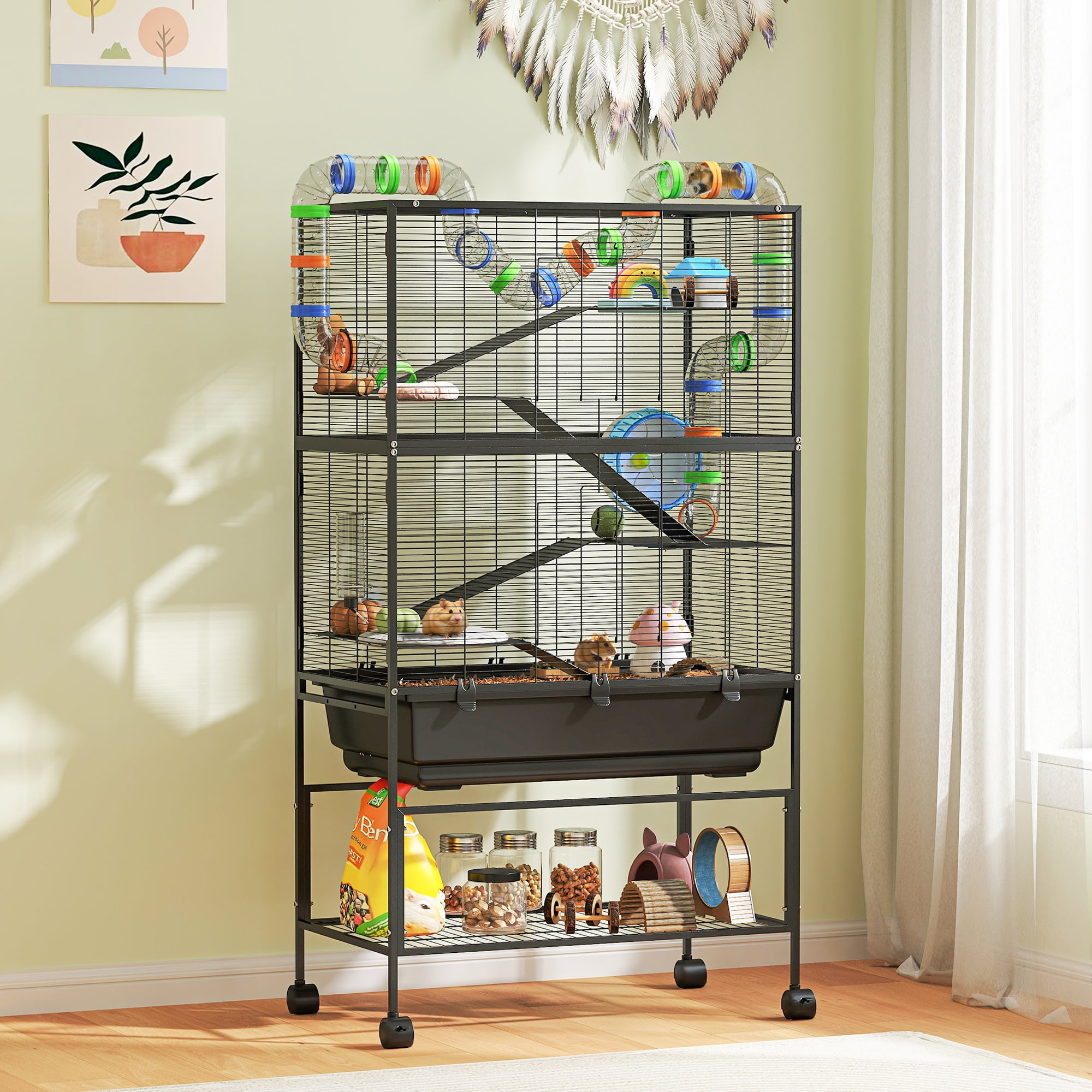 PawHut Hamster Cage, 5 Tier Rolling Rat Cage with Deep Tray, Storage ...