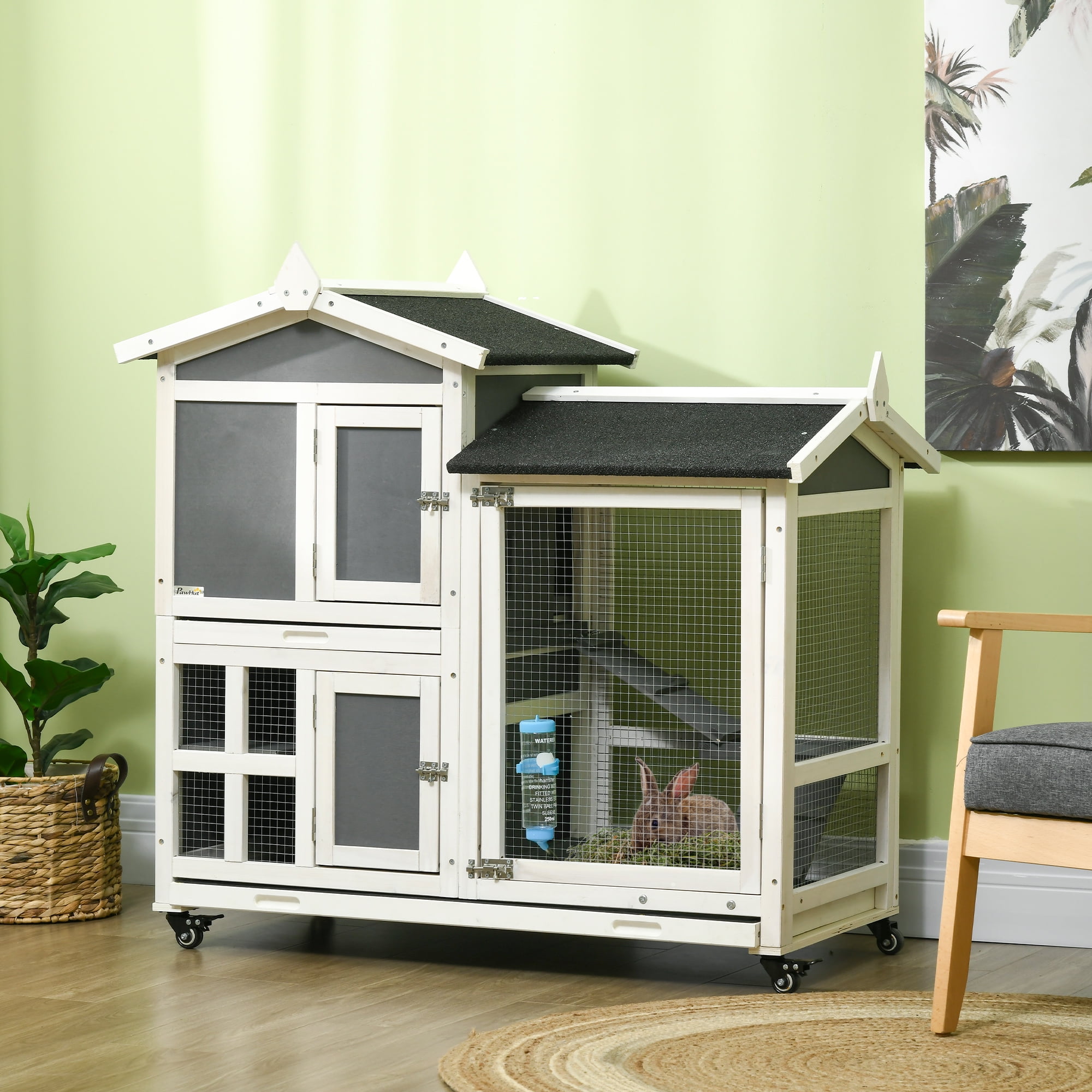 PawHut Indoor Double-Story Rabbit Hutch with Wheels & Small Hideout ...
