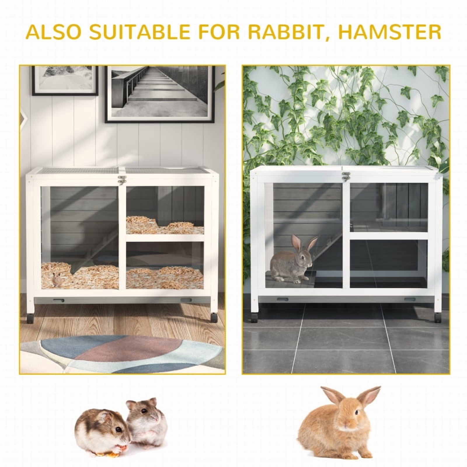 PawHut Indoor Rabbit Hutch with Wheels, Desk and Side Table Sized, Wood ...