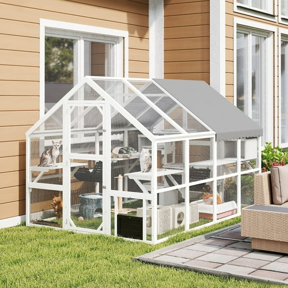 JERFIT Large Outdoor Catio Enclosure with Roof, Wooden Cat Playpen for ...