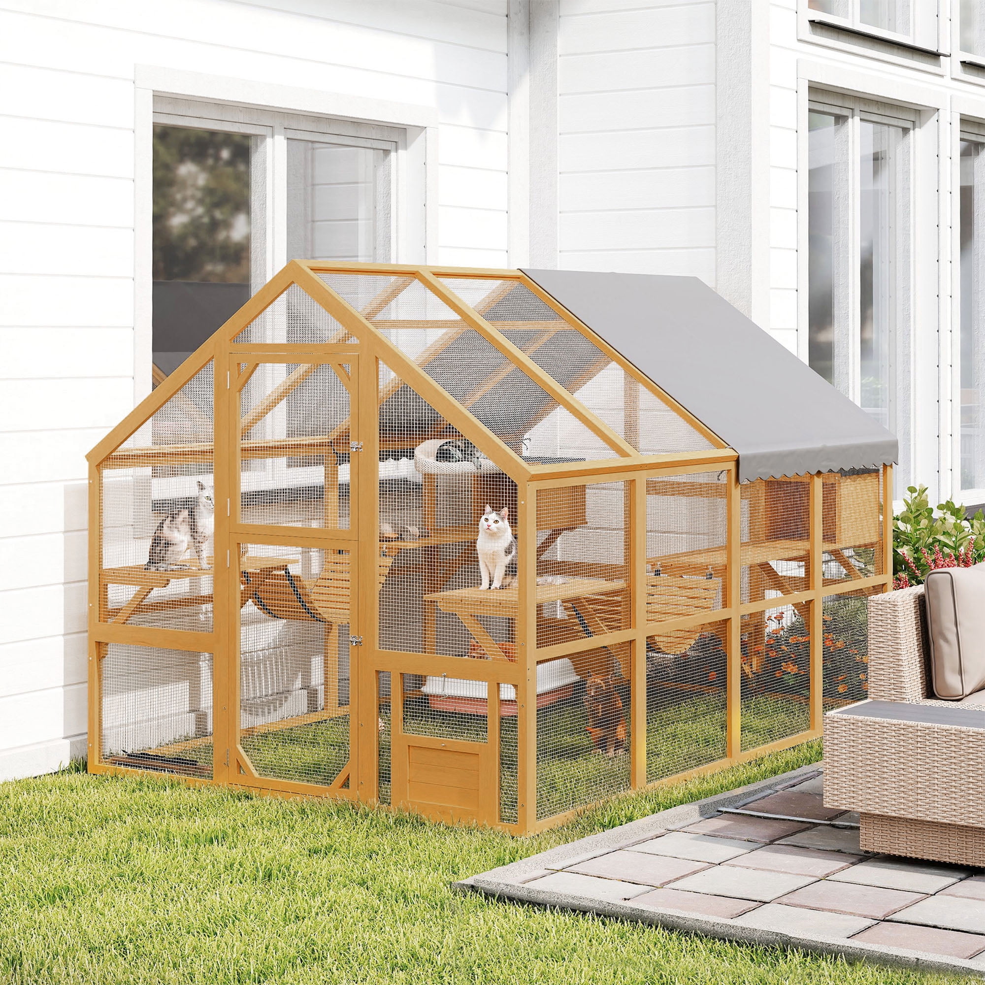 PawHut Large Catio Outdoor Cat Enclosure, Wooden Cat House for Multiple ...