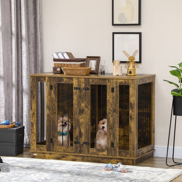 PawHut Large Furniture Style Dog Crate with Removable Panel Rustic ...