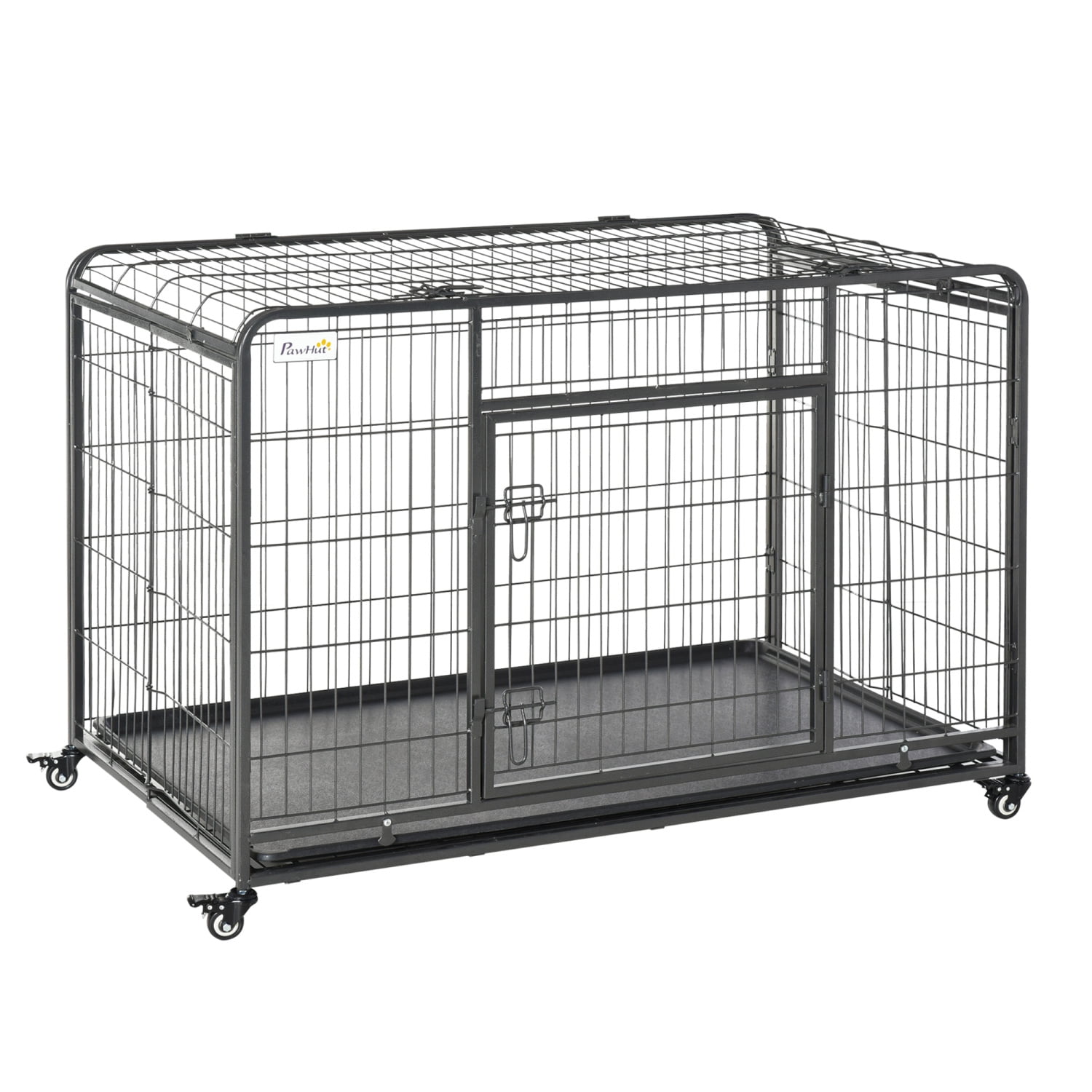 PawHut Metal Dog Cage Folding Crate Removable Tray 4 Locking Wheels ...