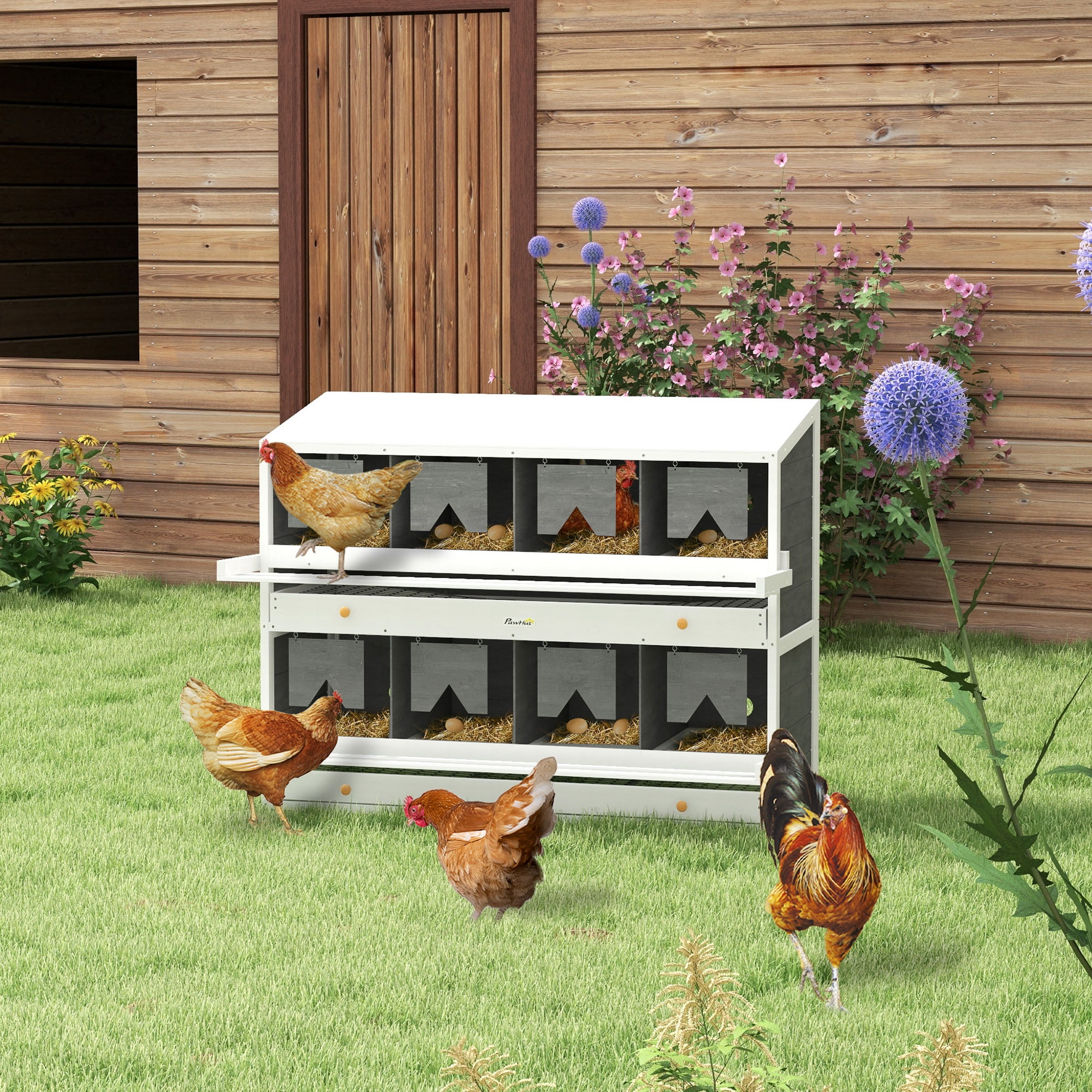 PawHut Poultry Chicken Nesting Boxes W/ 2 Egg Trays, 8 Compartments ...