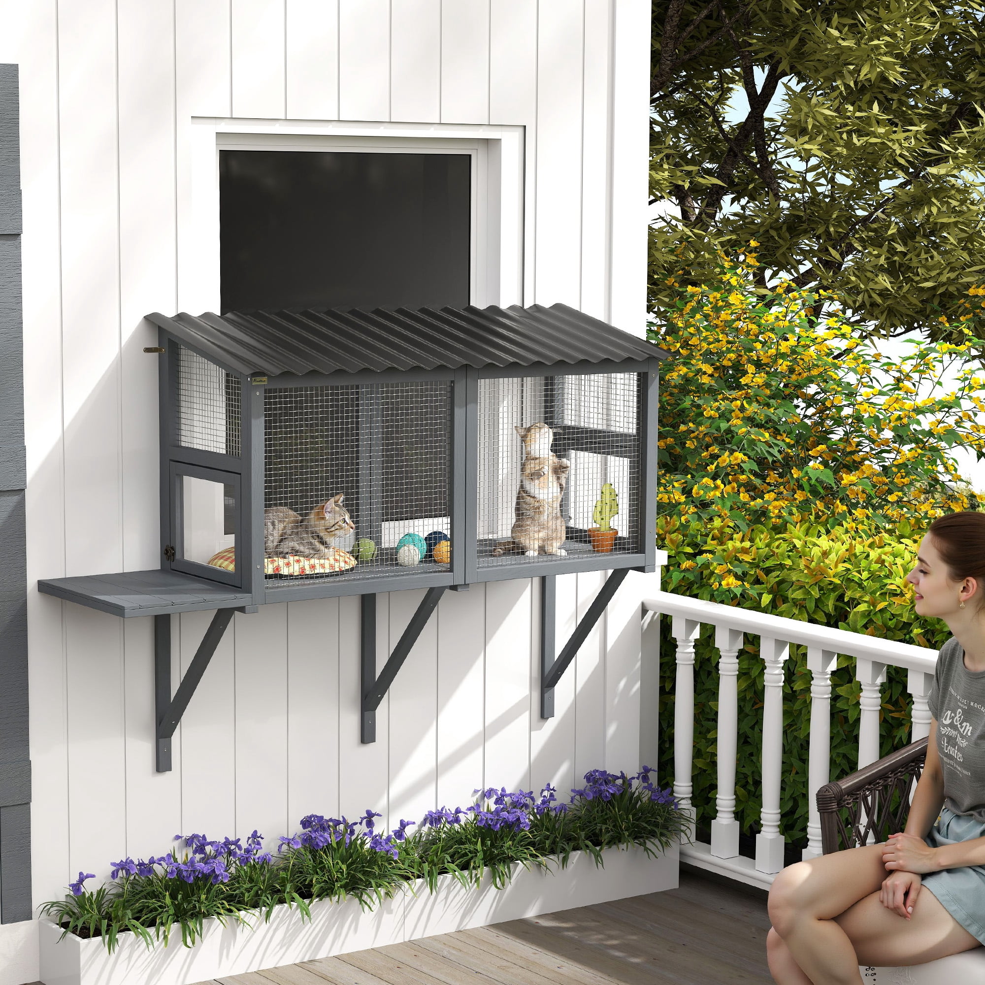 PawHut Outdoor Cat Catio, Wooden Cat Enclosure Window Perch with ...