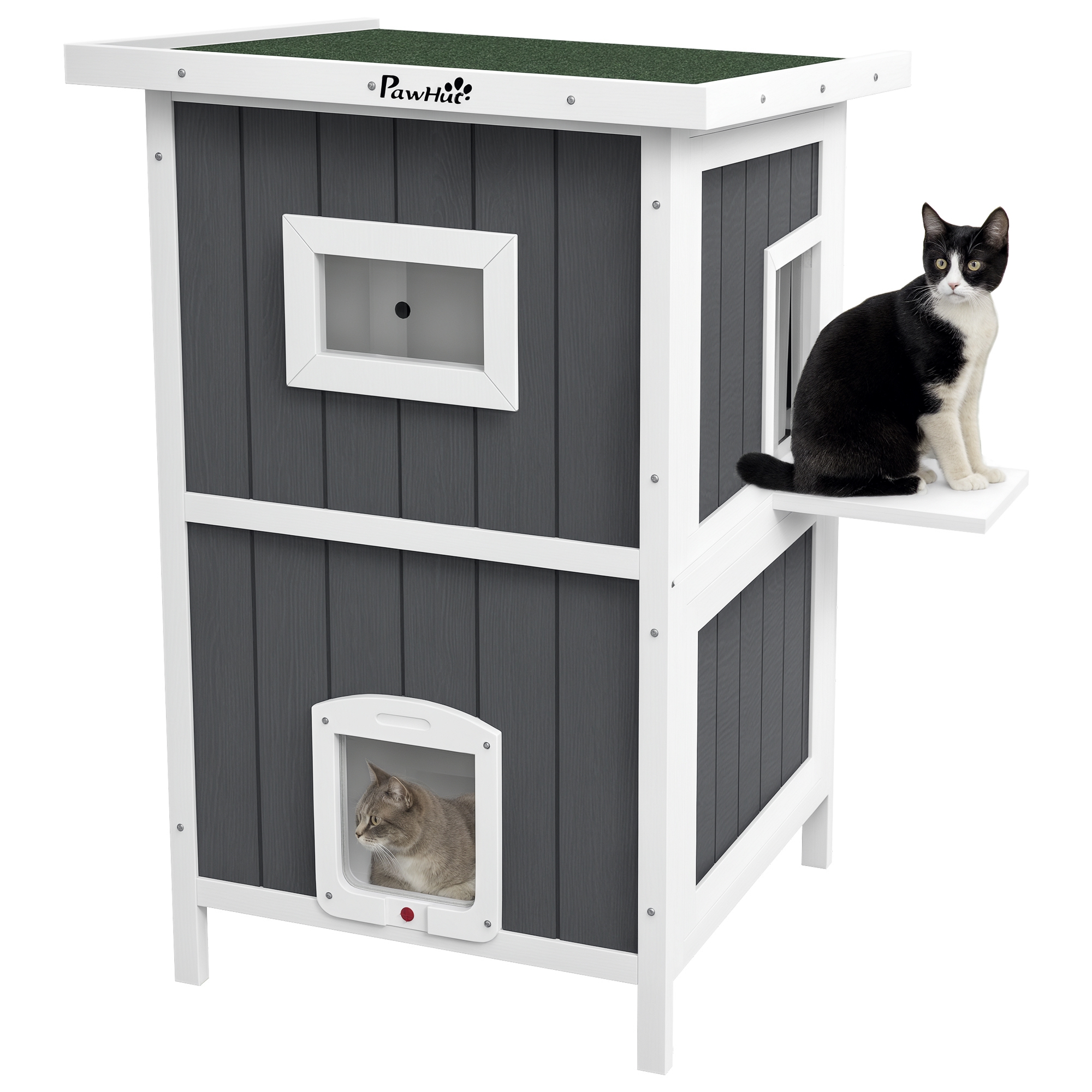PawHut Outdoor Cat House, Wooden Cat House 2 Tiers Cat Shelter with ...