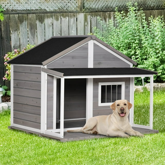 PawHut Indoor/Outdoor Dog House, Wooden, Front Door, Side Window, Porch ...