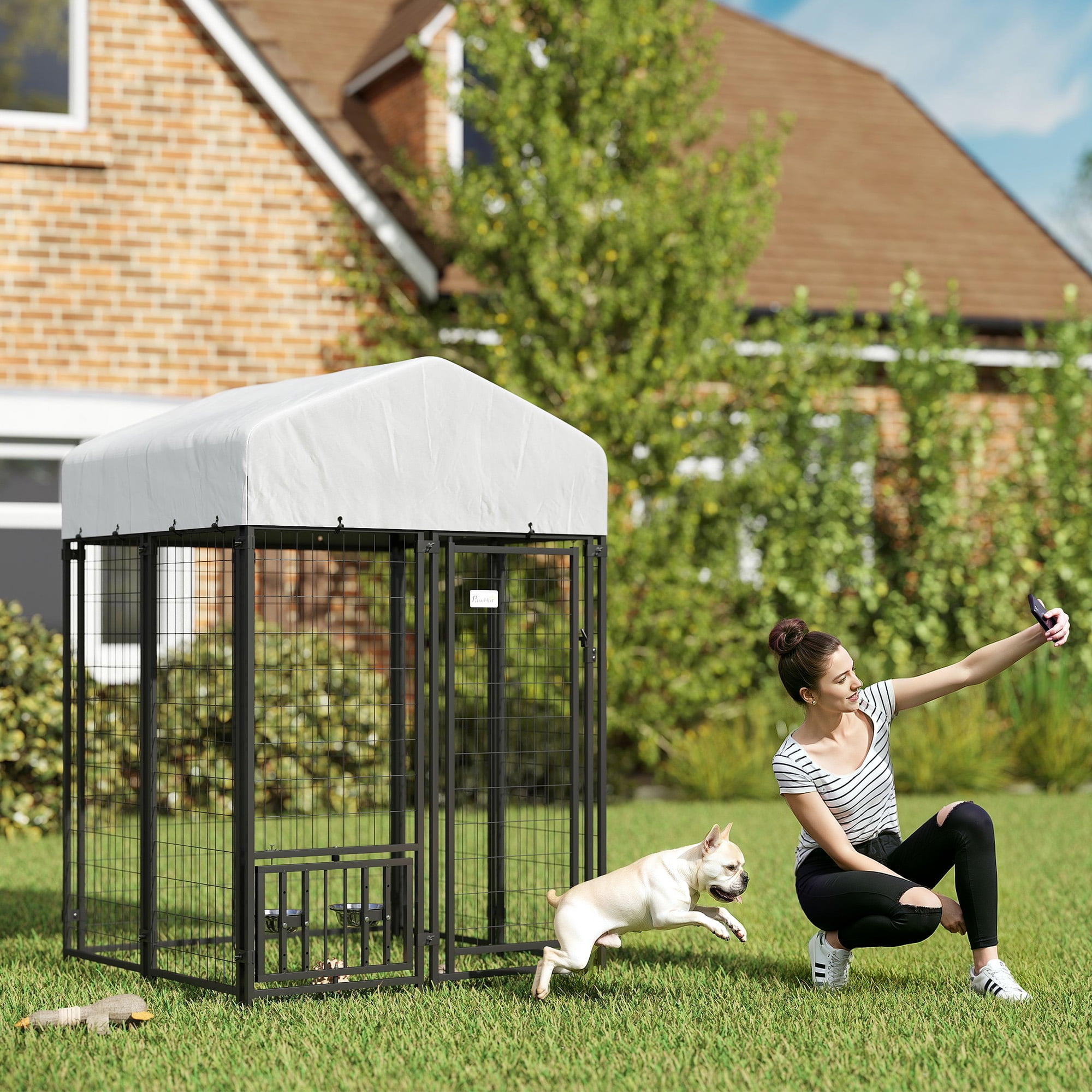 PawHut Outdoor Dog Kennel, Welded Wire Dog Run with 360° Rotating & 4 ...
