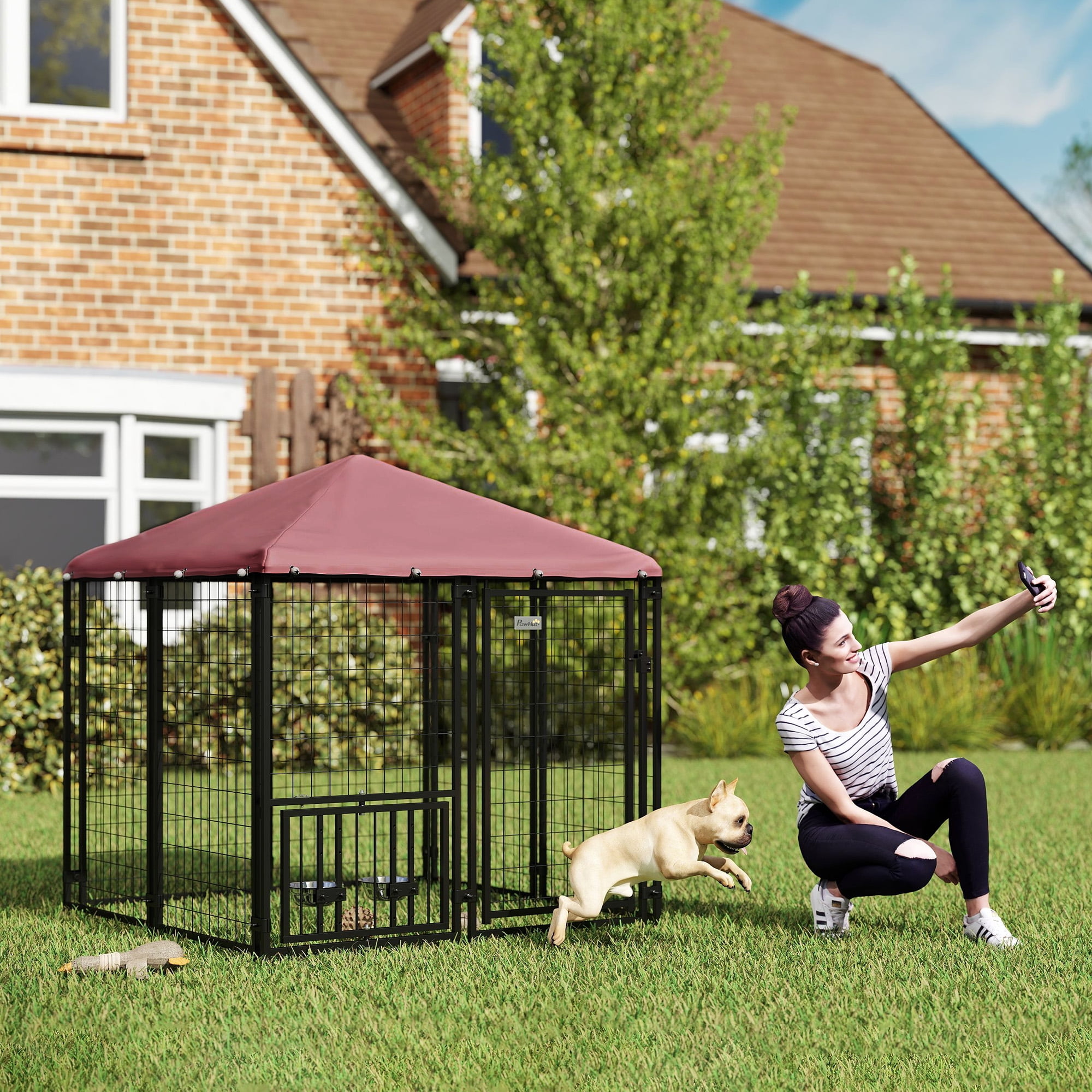 PawHut Outdoor Dog Kennel, Welded Wire Dog Run with 360° Rotating & 4 ...