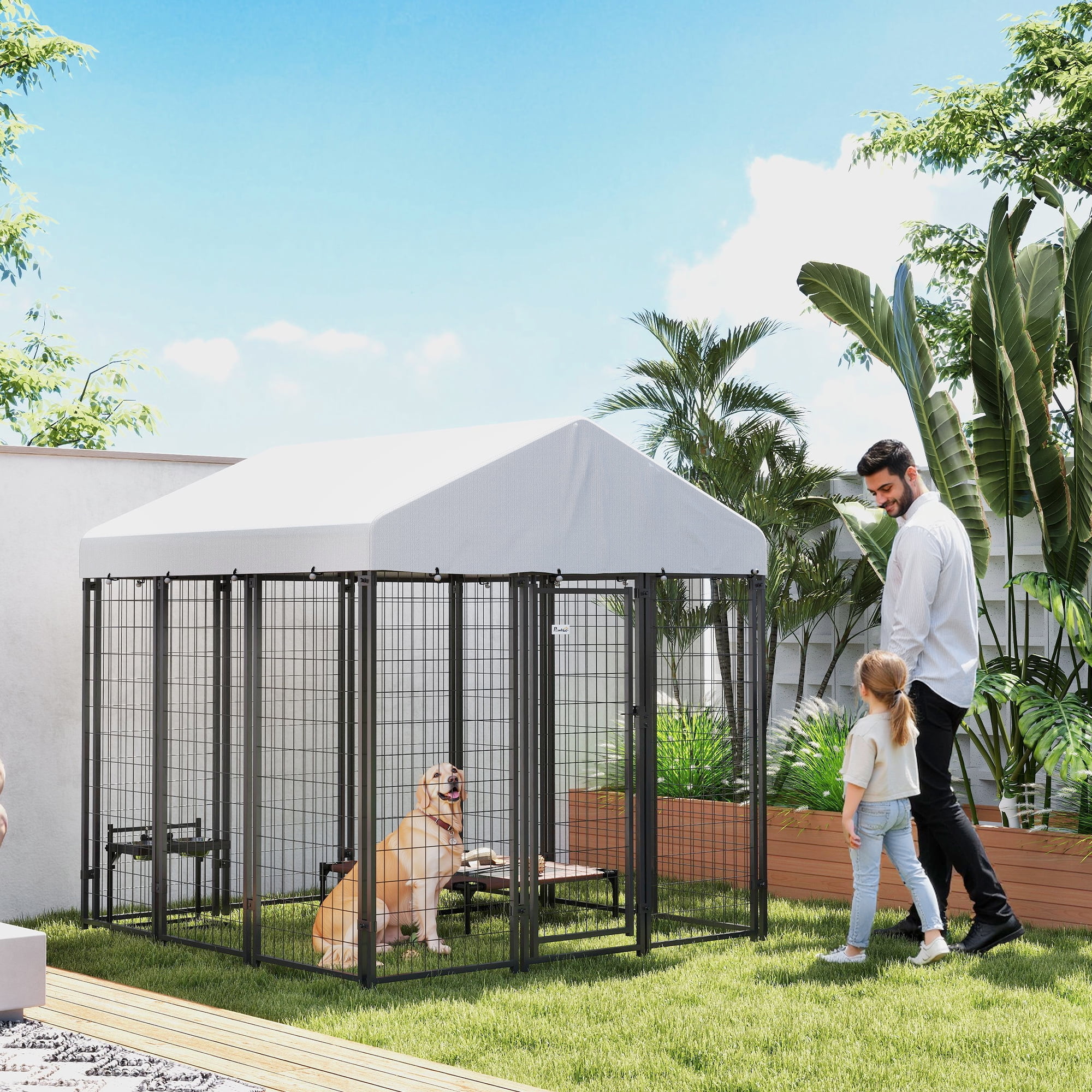 PawHut Outdoor Dog Kennel with Roof, Welded Wire Dog Playpen Enclosure ...