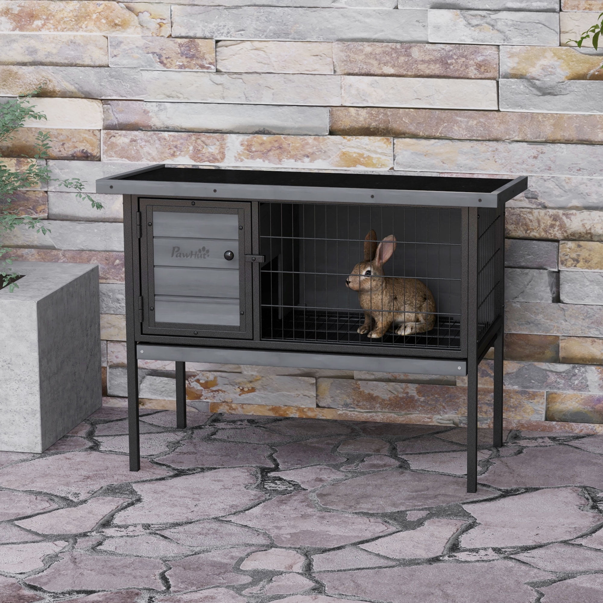 PawHut Rabbit Hutch Elevated with Tray, Openable Roof, Indoor/Outdoor ...