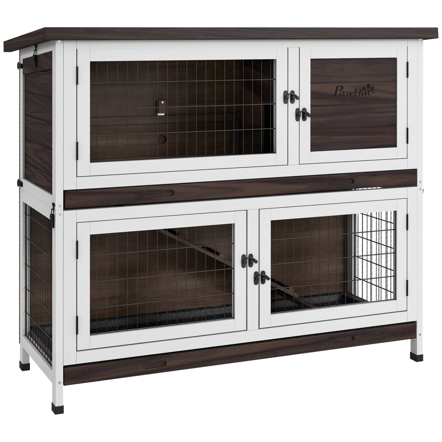PawHut Rabbit Hutch Outdoor 2-Tier Rabbit Cage 46” Wooden Guinea Pig ...