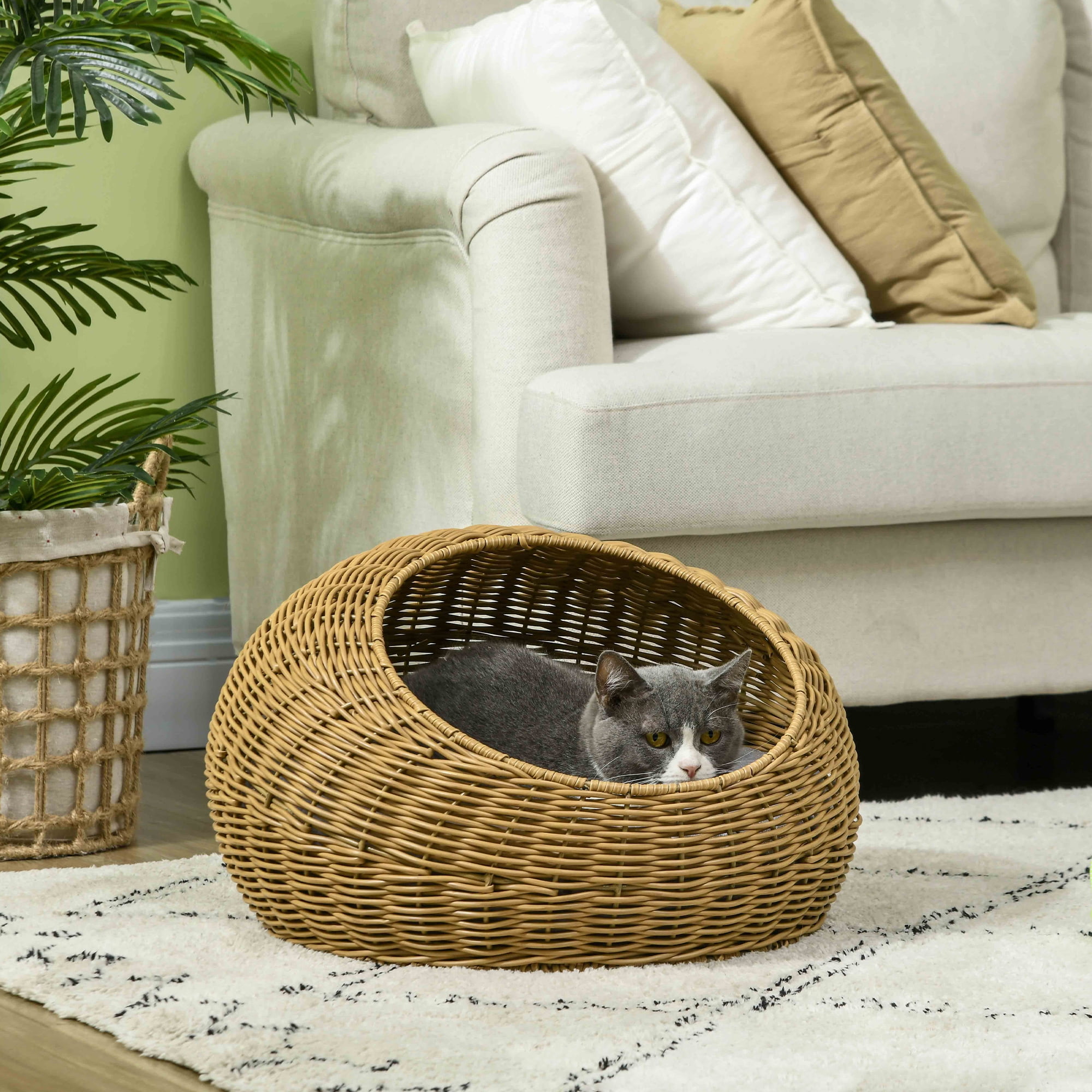 PawHut Rattan Cat Bed, Wicker Cat House Basket with Washable Cushion ...