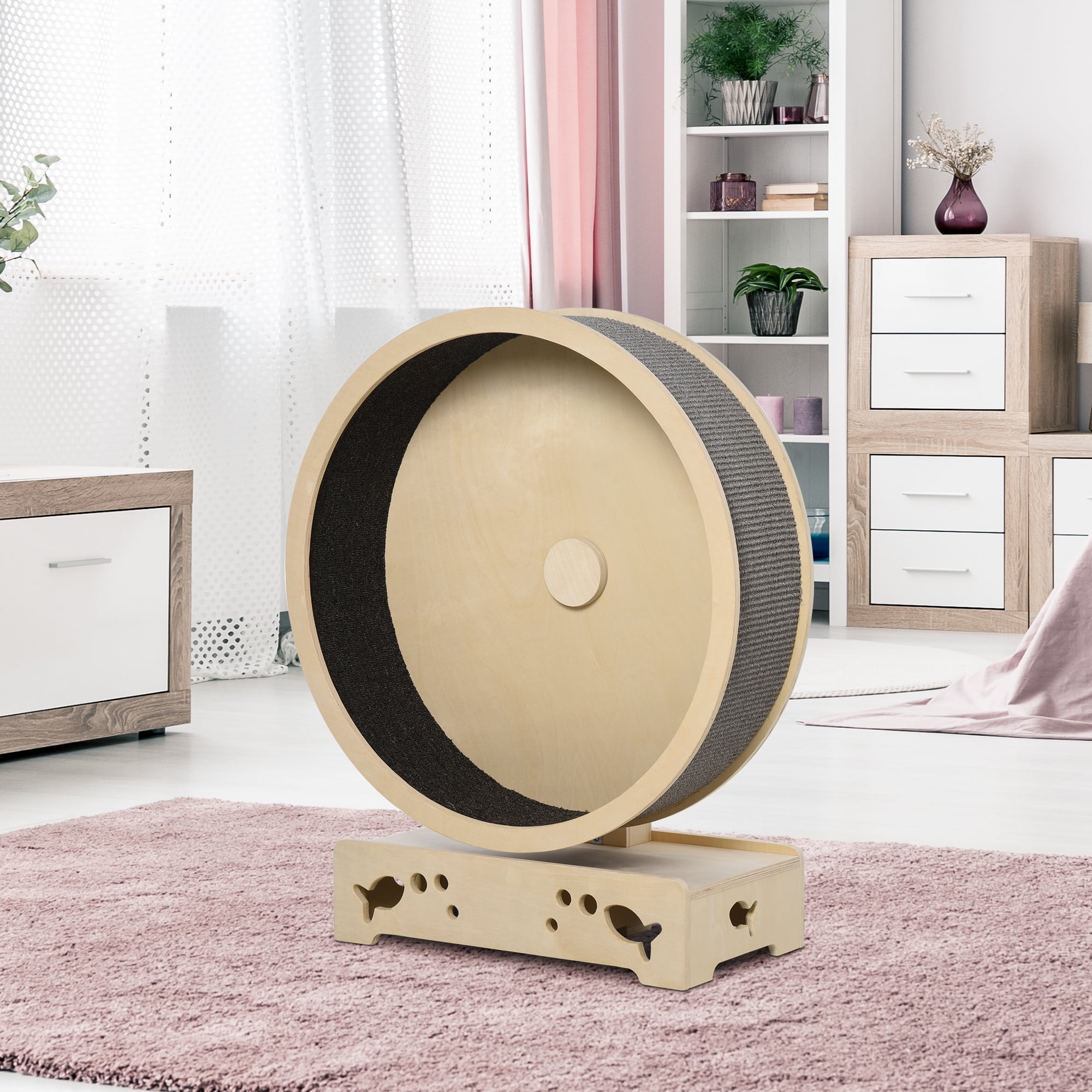 PawHut Round Hamster-Wheel Style Cat Exercise Wheel with Carpet Runway ...