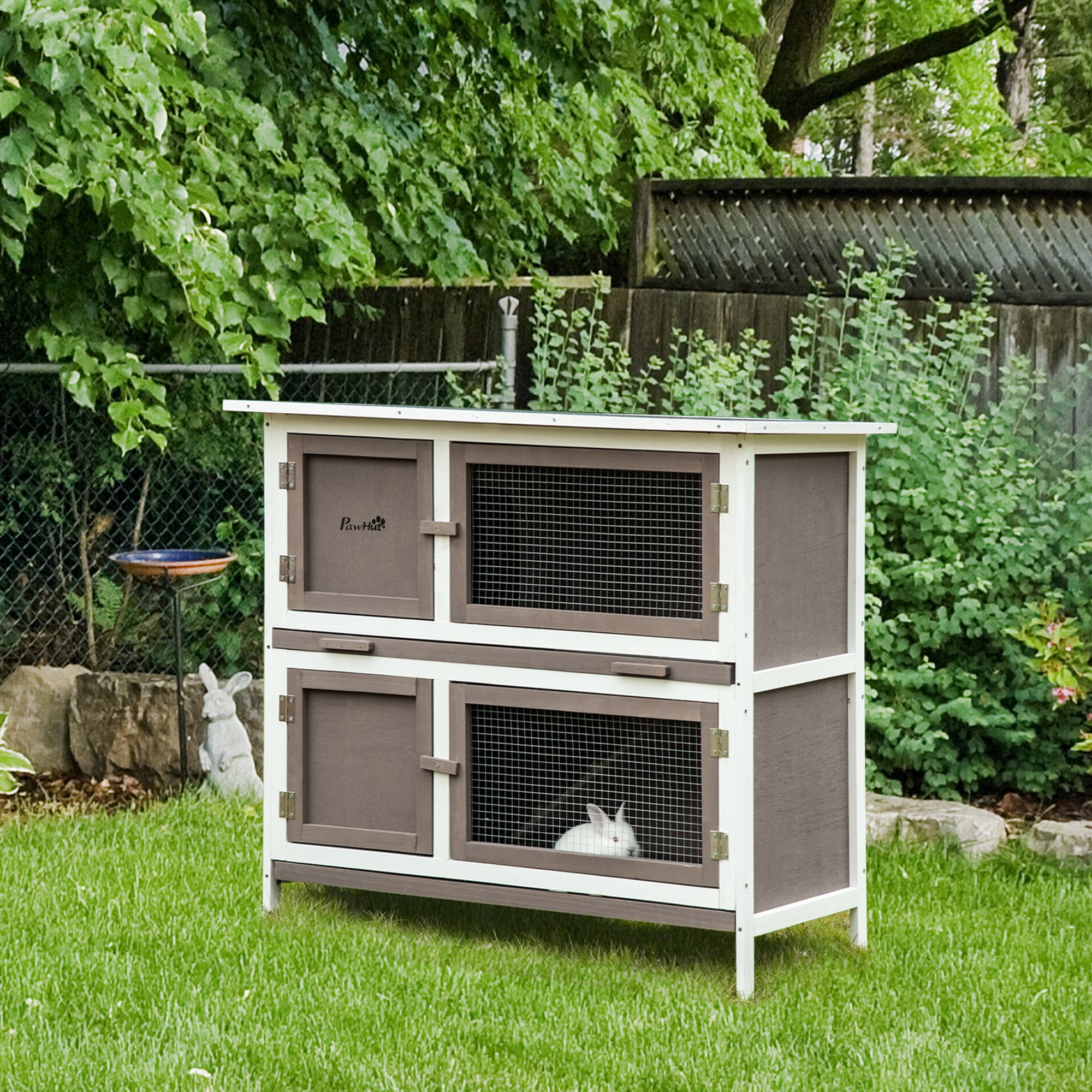 PawHut Indoor/Outdoor Rabbit House, Wooden Bunny Hutch with 2 Spacious ...