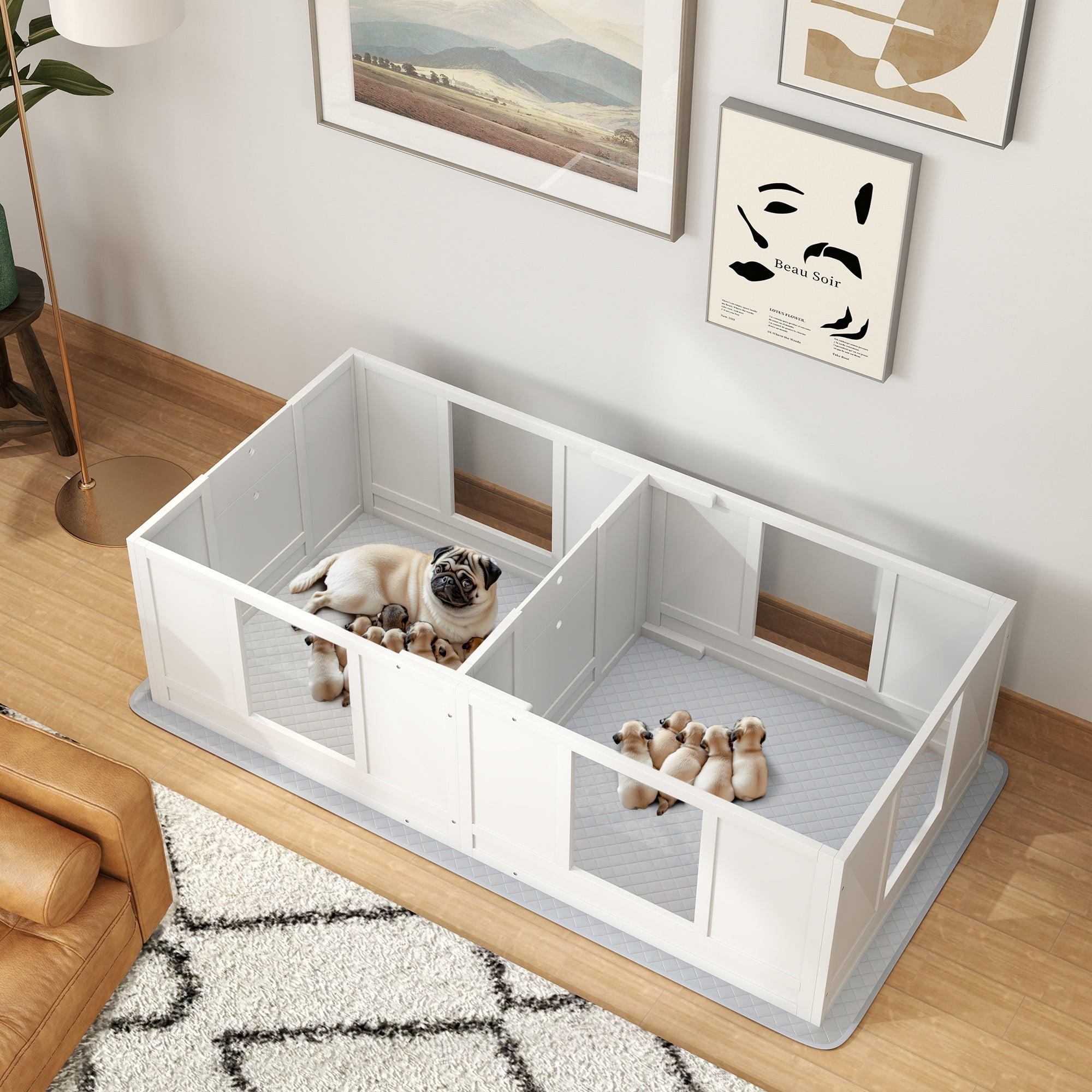 PawHut Whelping Box for Dogs with Waterproof Whelping Pad, Double Room ...