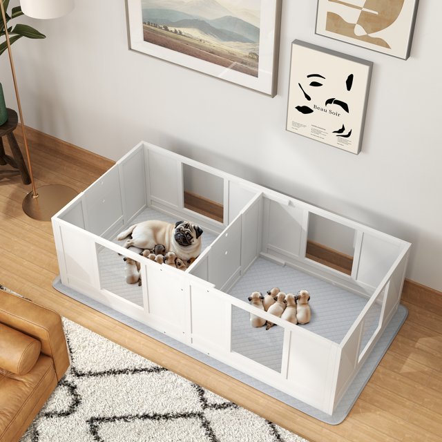PawHut Whelping Box for Dogs with Waterproof Whelping Pad, Double Room ...