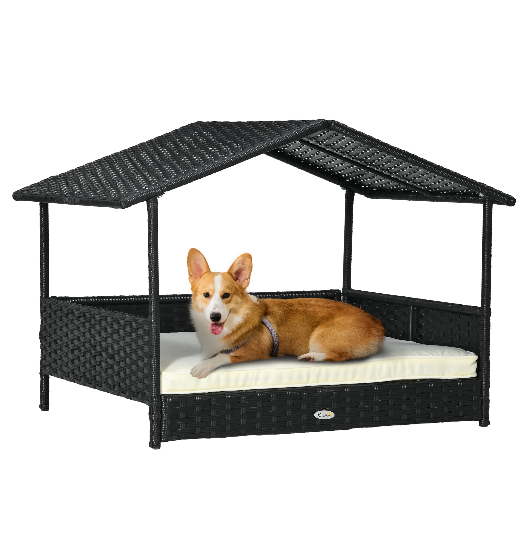 PawHut Wicker Dog House Outdoor with Canopy, Rattan Dog Bed for Small ...