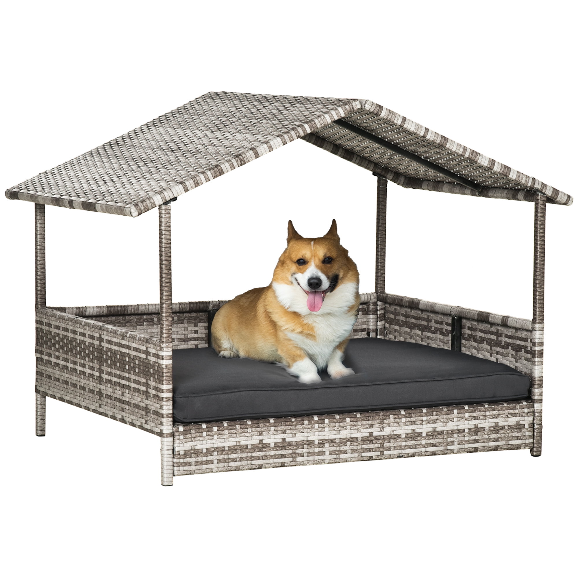 PawHut Wicker Dog House Outdoor with Canopy, Rattan Dog Bed with Water ...