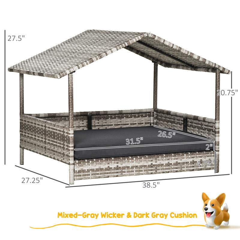 PawHut Wicker Dog House Outdoor with Canopy, Rattan Dog Bed with Water ...