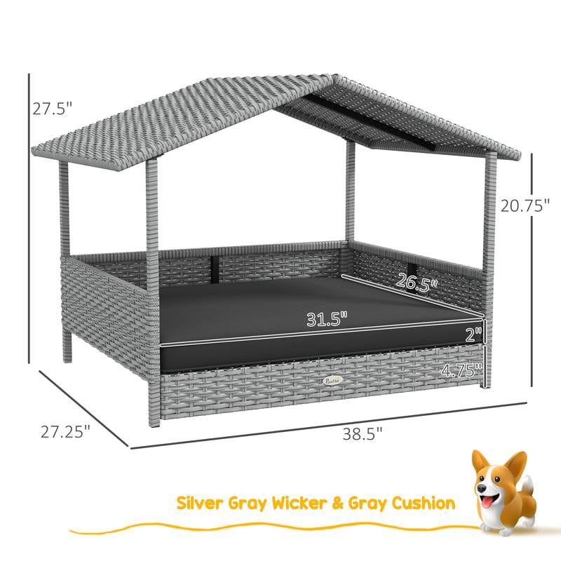 PawHut Wicker Dog House Outdoor with Canopy, Rattan Dog Bed with Water ...