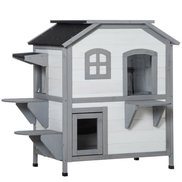 Pawhut Wooden Large Cat House Elevated Indoor Outdoor with Porch and ...