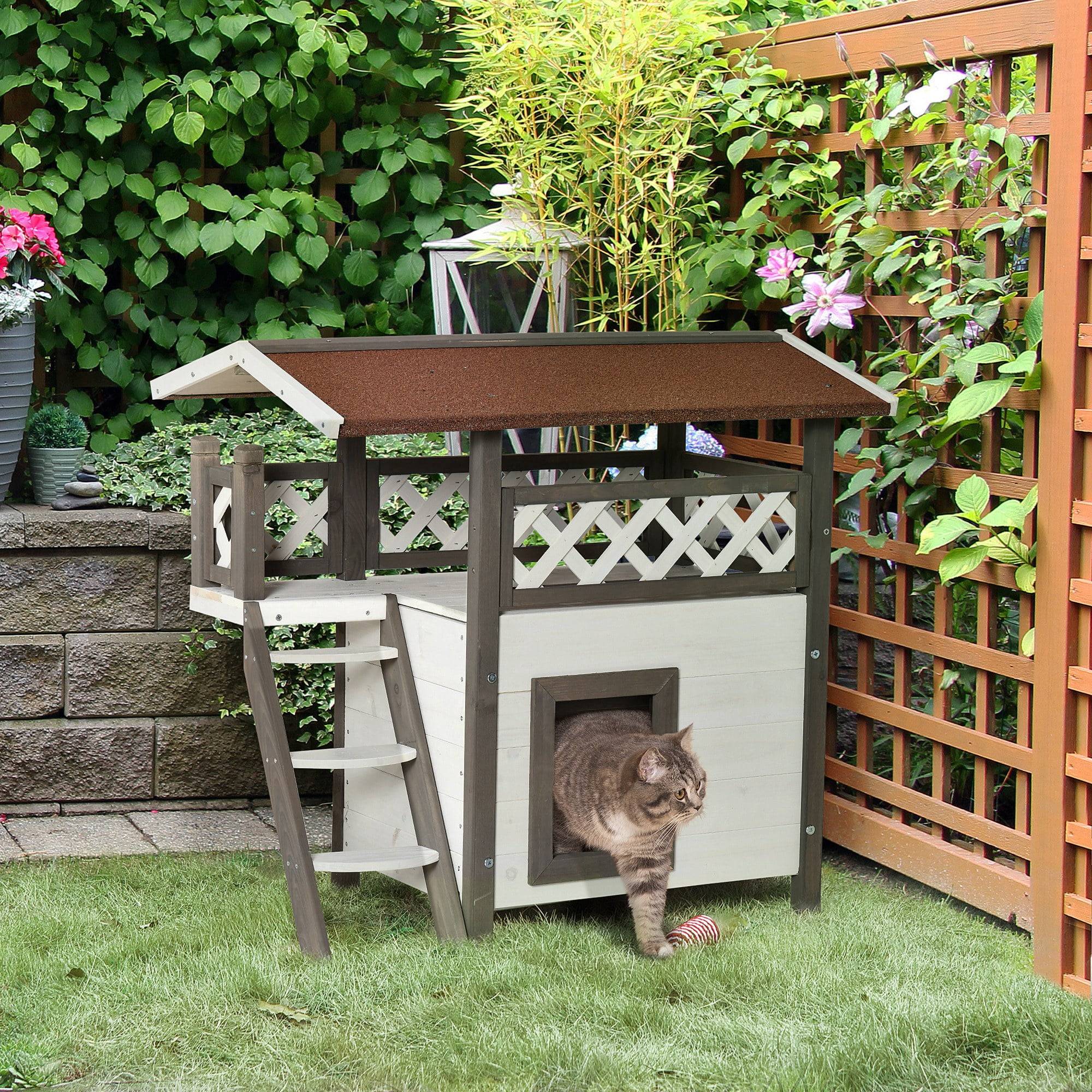 PawHut Wooden Cat House, 2-Floor Feral Cat Shelter, Kitten Condo ...