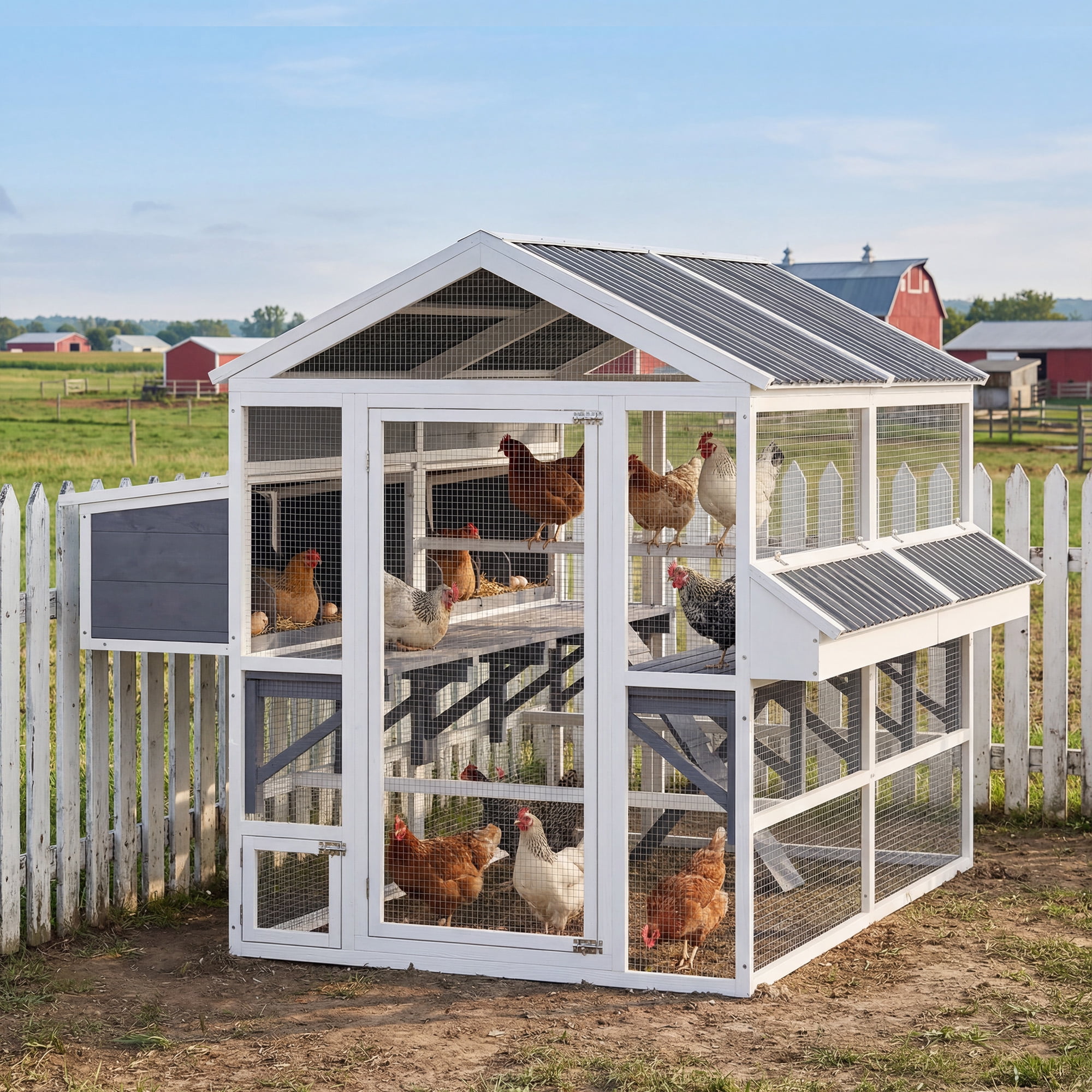 PawHut Wooden Chicken Coop, Outdoor Hen House with 2 Feeders, 2 Nesting ...